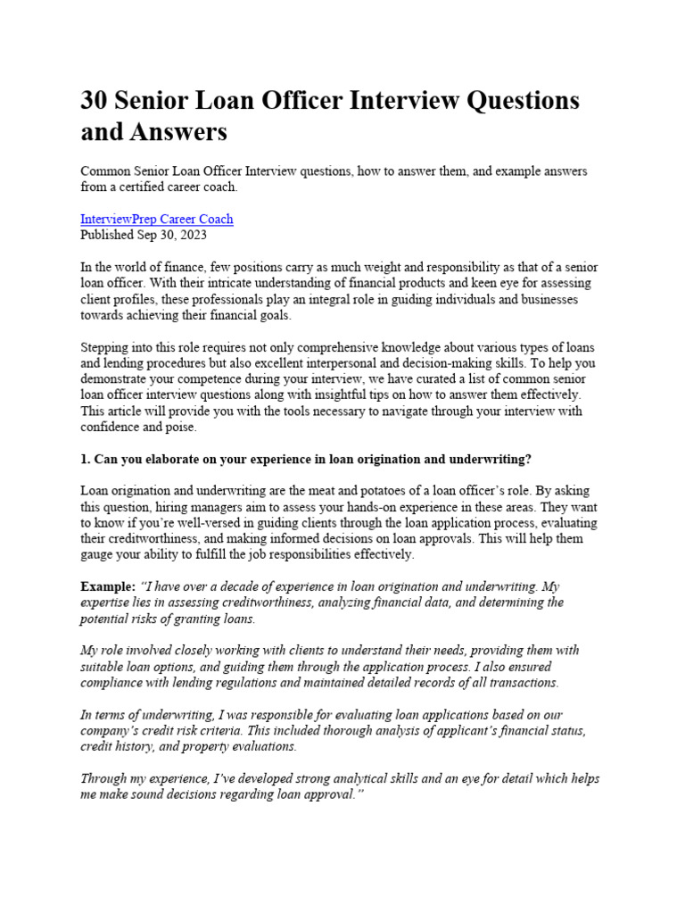 Senior Loan Officer Interview Guide | PDF | Loans | Risk
