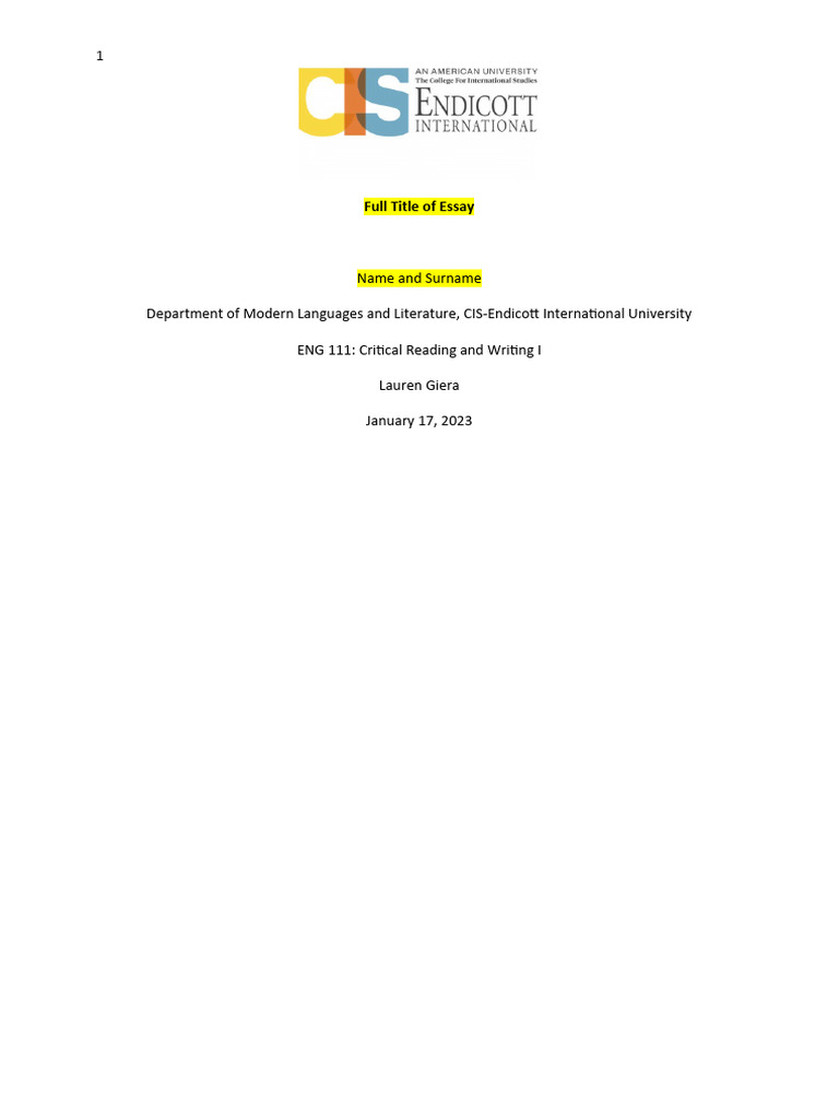 APA Essay Template Crit I 2023 | Download Free PDF | Paragraph | Essays