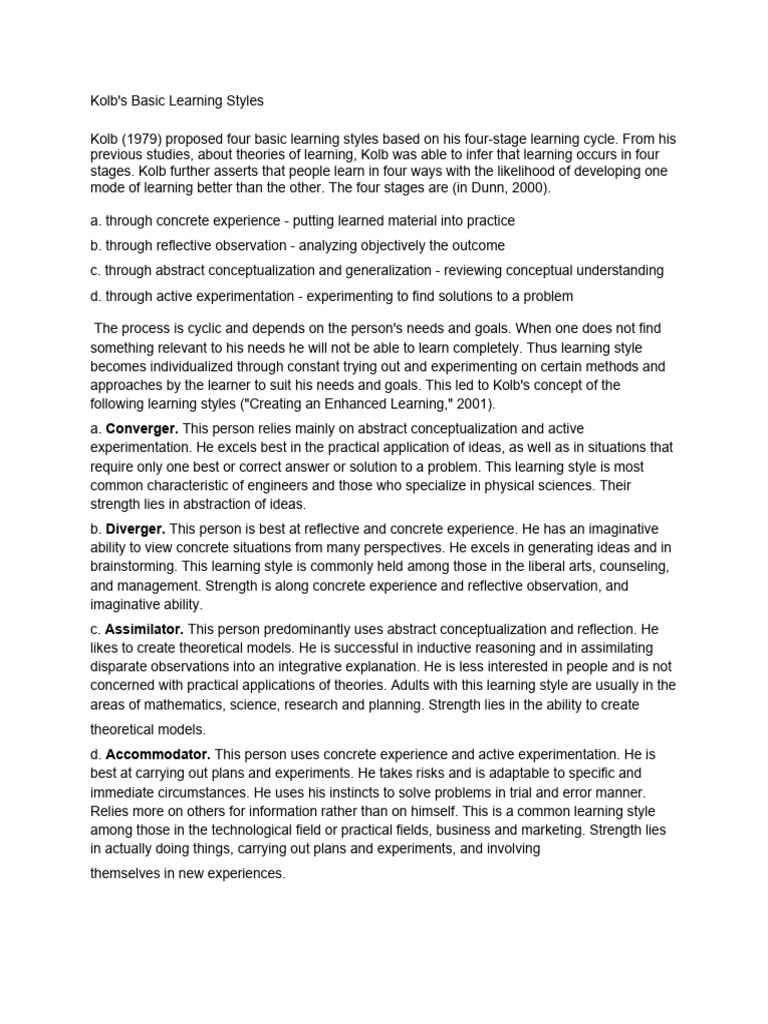 Kolb's Basic Learnig Style | PDF | Learning Styles | Learning