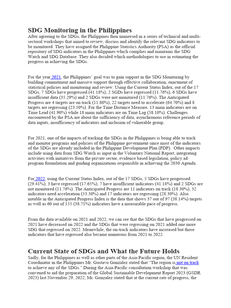 SDG Monitoring Progress in the Philippines | PDF | Sustainability ...