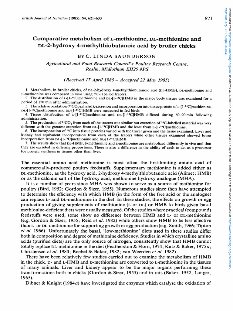 Comparative Metabolism of L Methionine DL Methionine and DL 2 Hydroxy 4 Methylthiobutanoic Acid ...