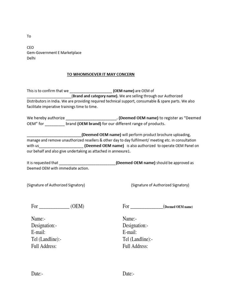Deemed OEM Authorization Letter Template | PDF | Business