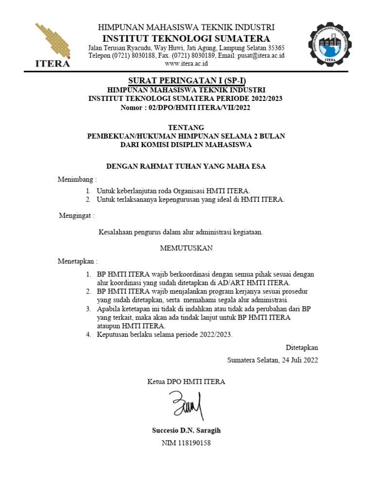 02 - Surat Peringatan 1 BP HMTI ITERA | PDF