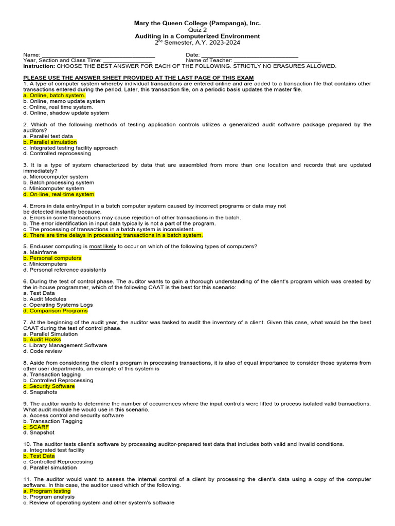 AUD CIS QUIZ 2 Answer Key | PDF | Computer Network | Financial Audit