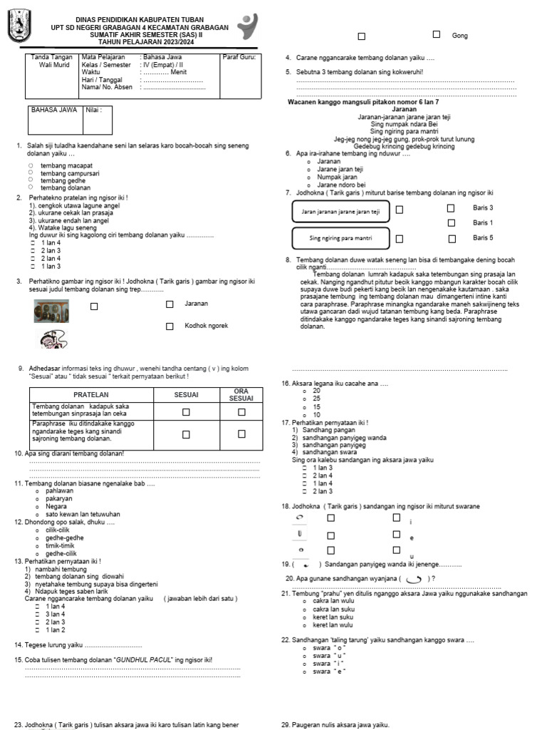 Soal Sas II Bahasa Jawa Kelas 4 2024 | PDF
