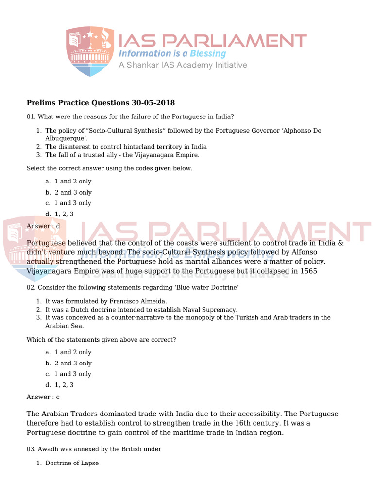 Prelims Practice Questions 30 05 2018 | PDF | Politics