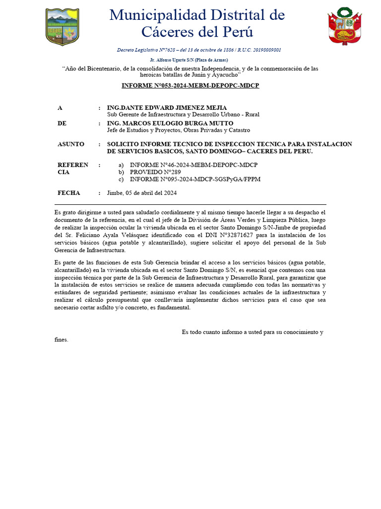 Inspección Técnica Servicios Básicos Jimbe | PDF | Perú | Ingeniería ...