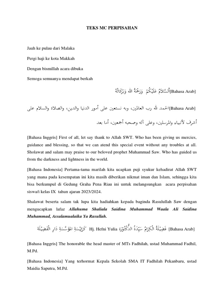 Teks MC Perpisahan Siswa MTs Fadhilah | PDF