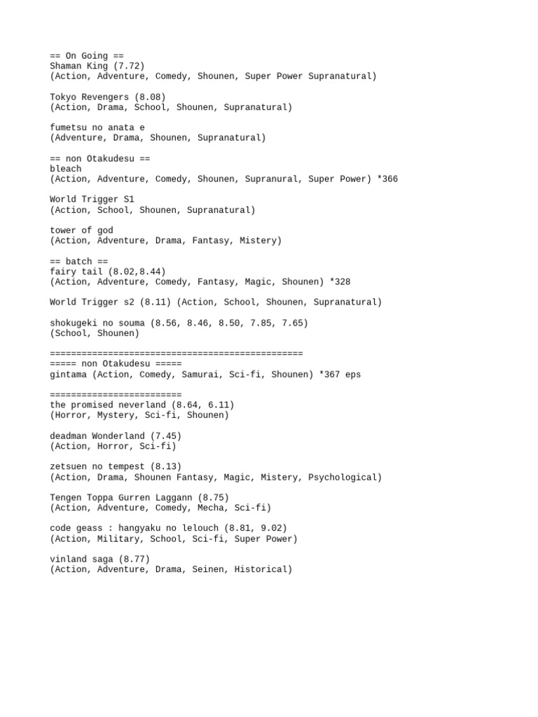 Anime Series Ratings and Genres List | PDF | Teaching Methods & Materials