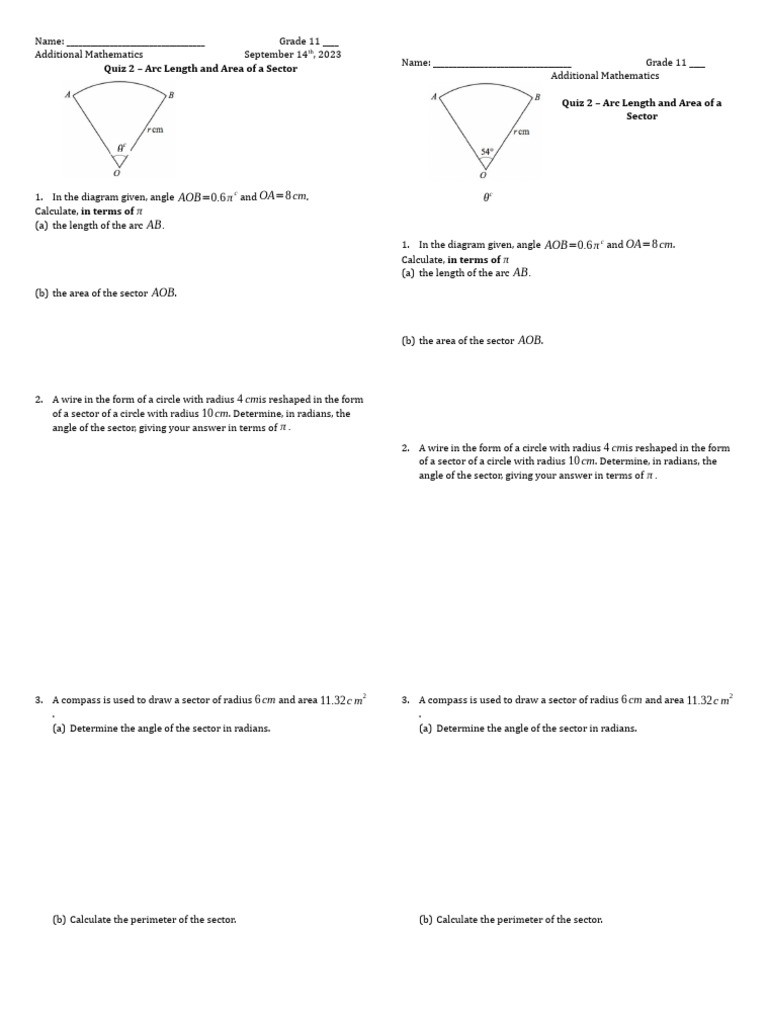 Quiz 2 - Arc Length, Area of Sector | PDF | Angle | Area