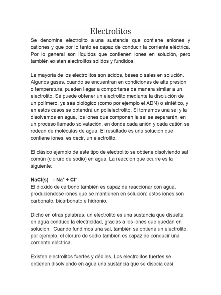 Electrolitos | PDF | Electrólito | Sal (química)