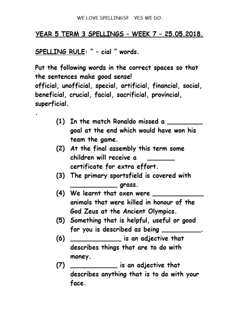 25.5.18 Year 5 WK 7 Spelling HWK Sheet. | PDF | Sports & Recreation