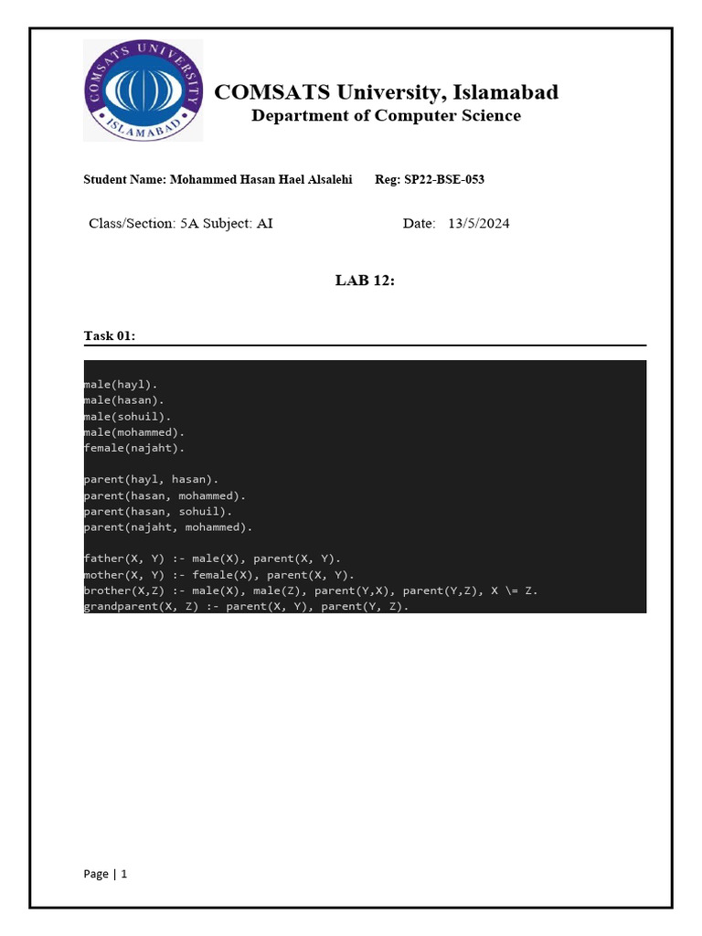 AI Lab Tasks and Prolog Code Examples | PDF