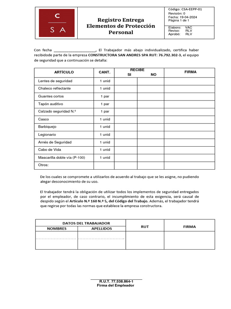 CSA-EEPP-02 Entrega de Epp | PDF