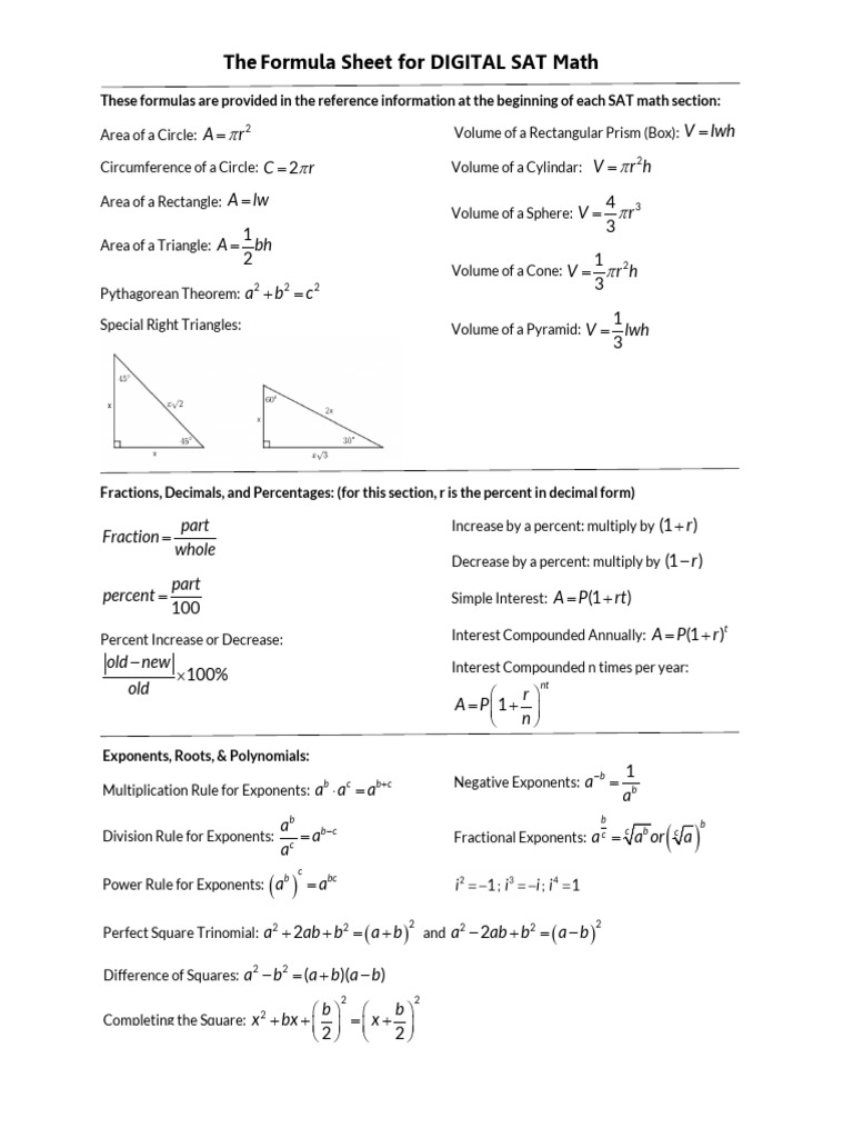 Formula Sheet For The DSAT | PDF | Area | Angle