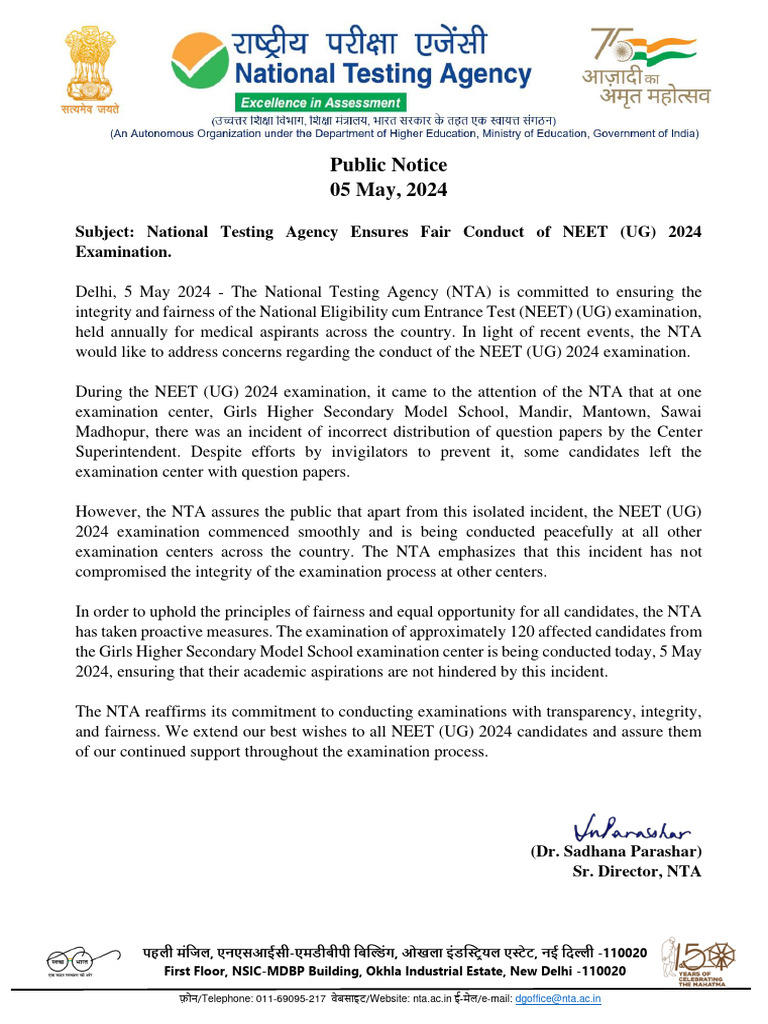 Fair Conduct of NEET (UG) 2024 Examination, 5 May 2024 | PDF