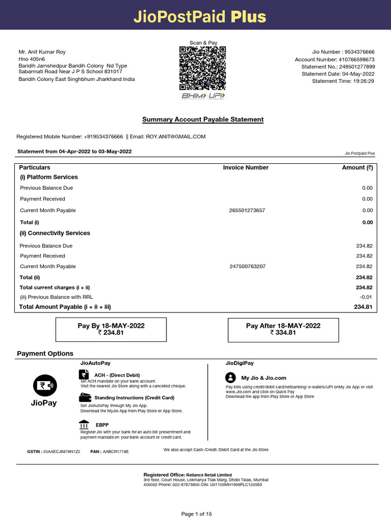 Jio Mobile Bill May 2022 | PDF | Credit Card | Debit Card