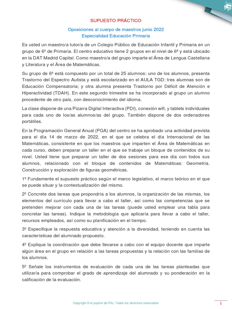 Supuesto PRIM Oposiciones Madrid 2022 RESUELTO | PDF | Educación primaria | Evaluación
