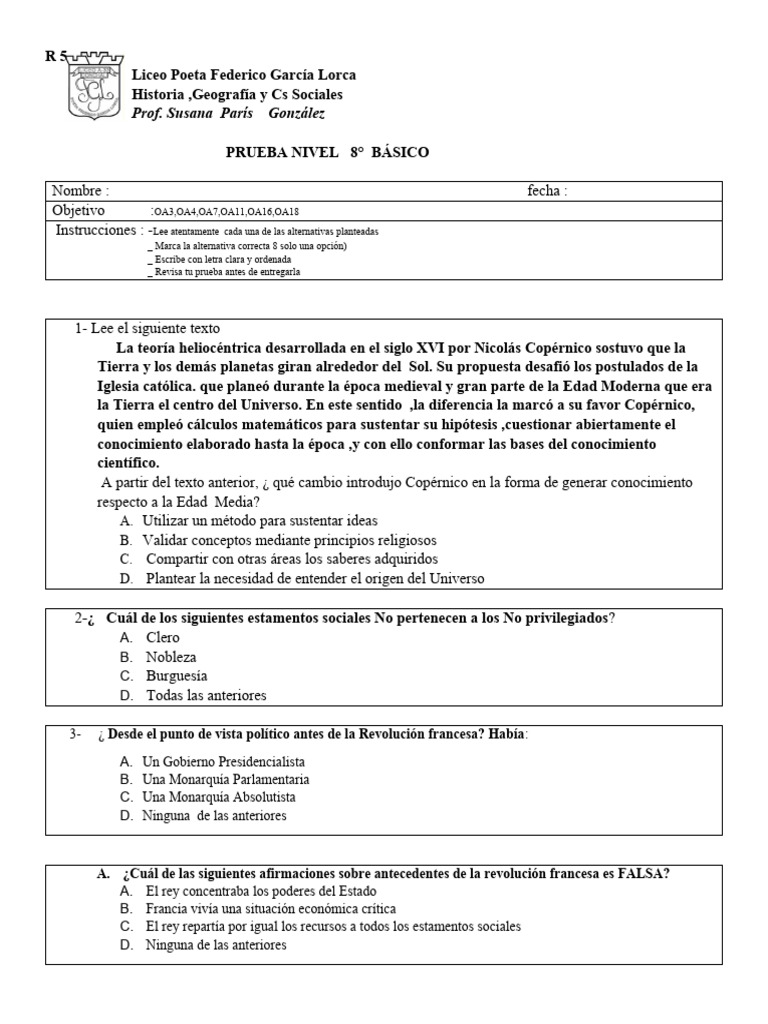 Prueba Nivel Octavo Básico Historia | PDF | Colonización europea de las ...