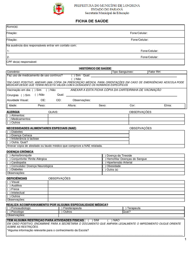 Ficha de Saúde | Download grátis PDF | Alergia | Medicina Clínica