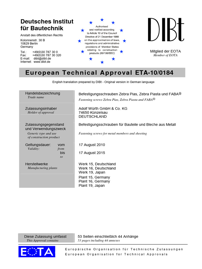 European Technical Approval ETA-10/0184: Deutsches Institut Für ...