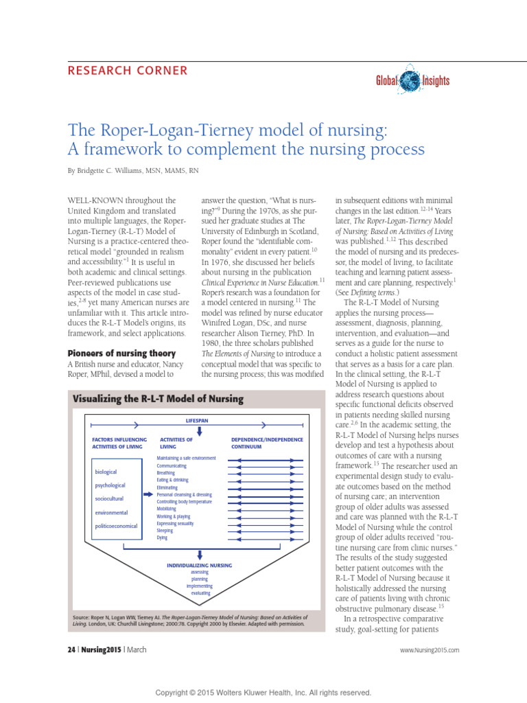 THE ROPER-LOGAN-TIERNEY MODEL OF NURSING A FRAMEWORK TO COMPLEMENT THE ...