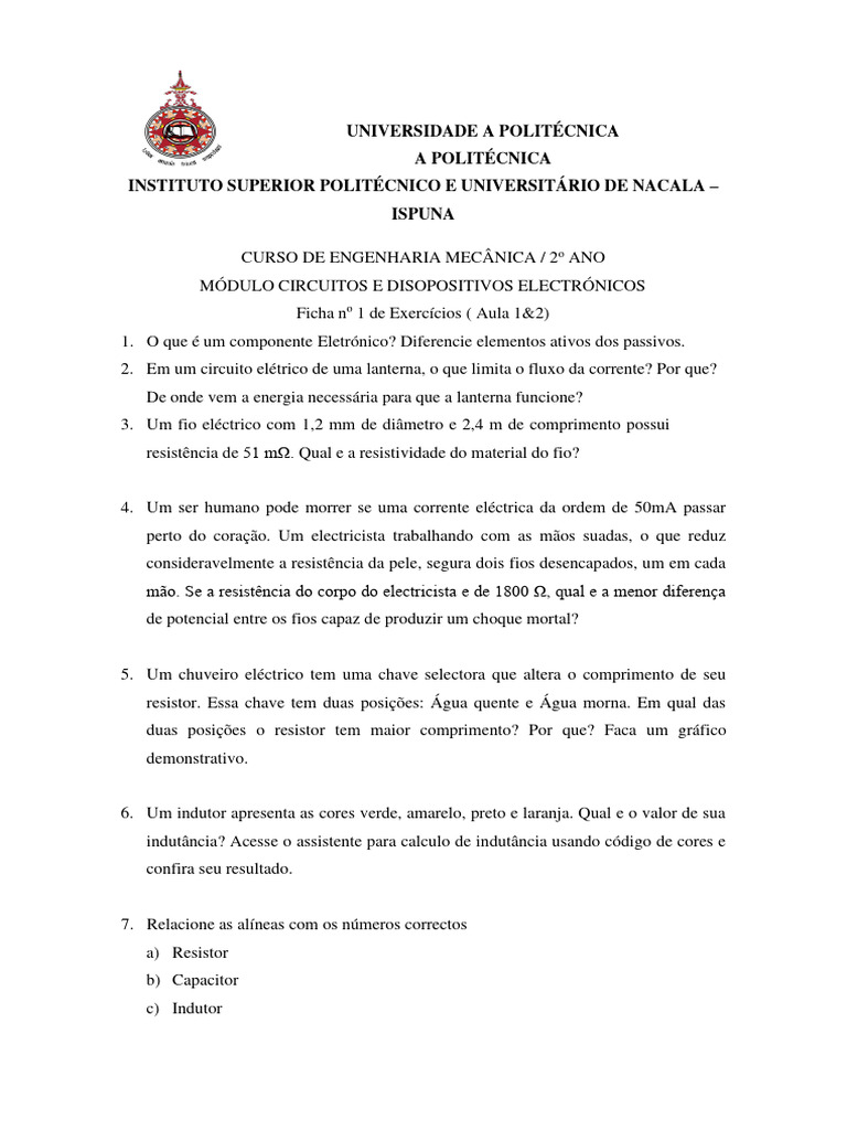 Ficha1 Exercicios Aula1&2 Cde Ispuna. | Download grátis PDF | Circuitos ...