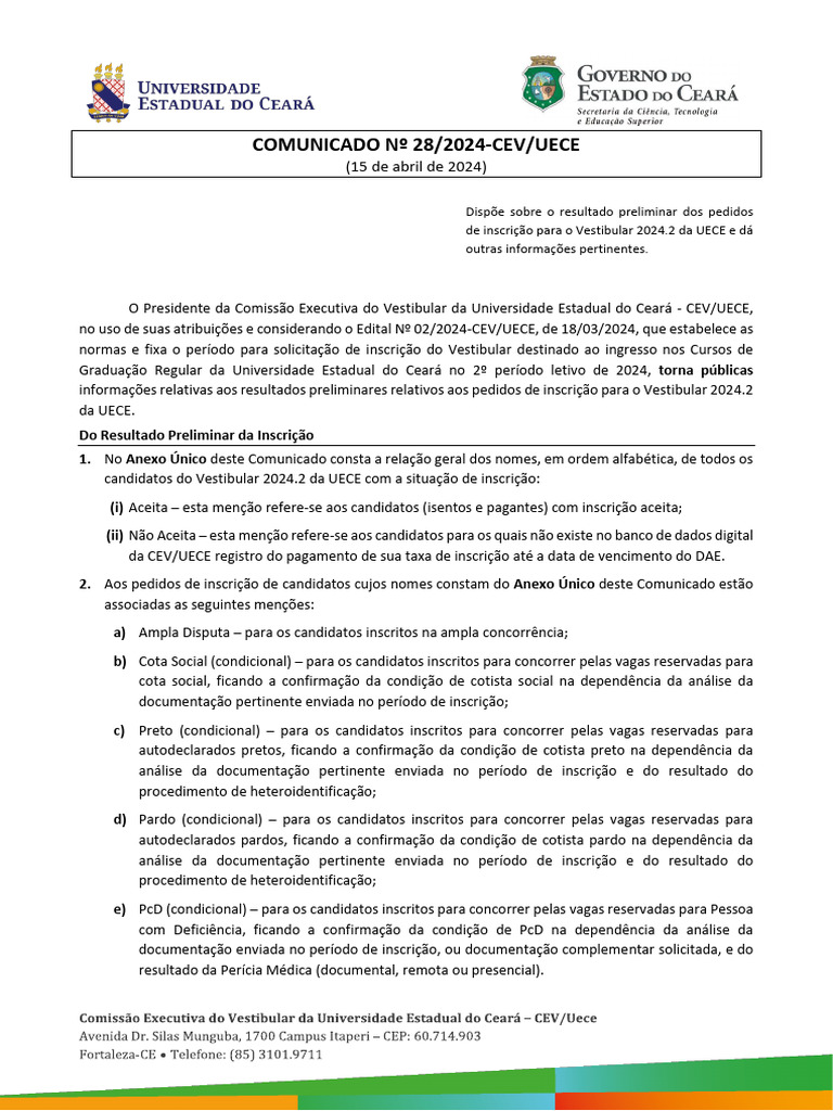 Comunicado 282024 Ce Vue Ce | PDF | Science | Estágios educacionais