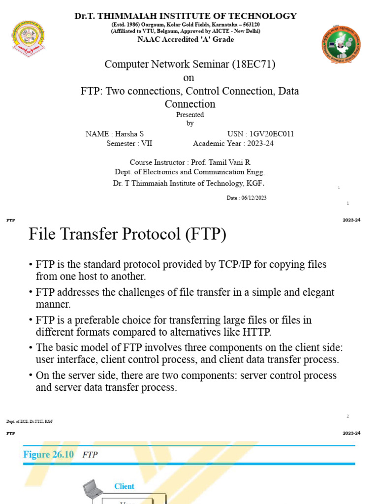 Computer Network Seminar (18EC71) On FTP: Two Connections, Control Connection, Data Connection ...