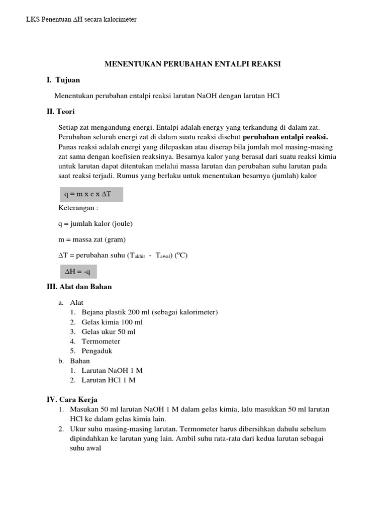 Lks Menentukan Perubahan Entalpi Reaksi Ok | PDF | Teknologi & Rekayasa