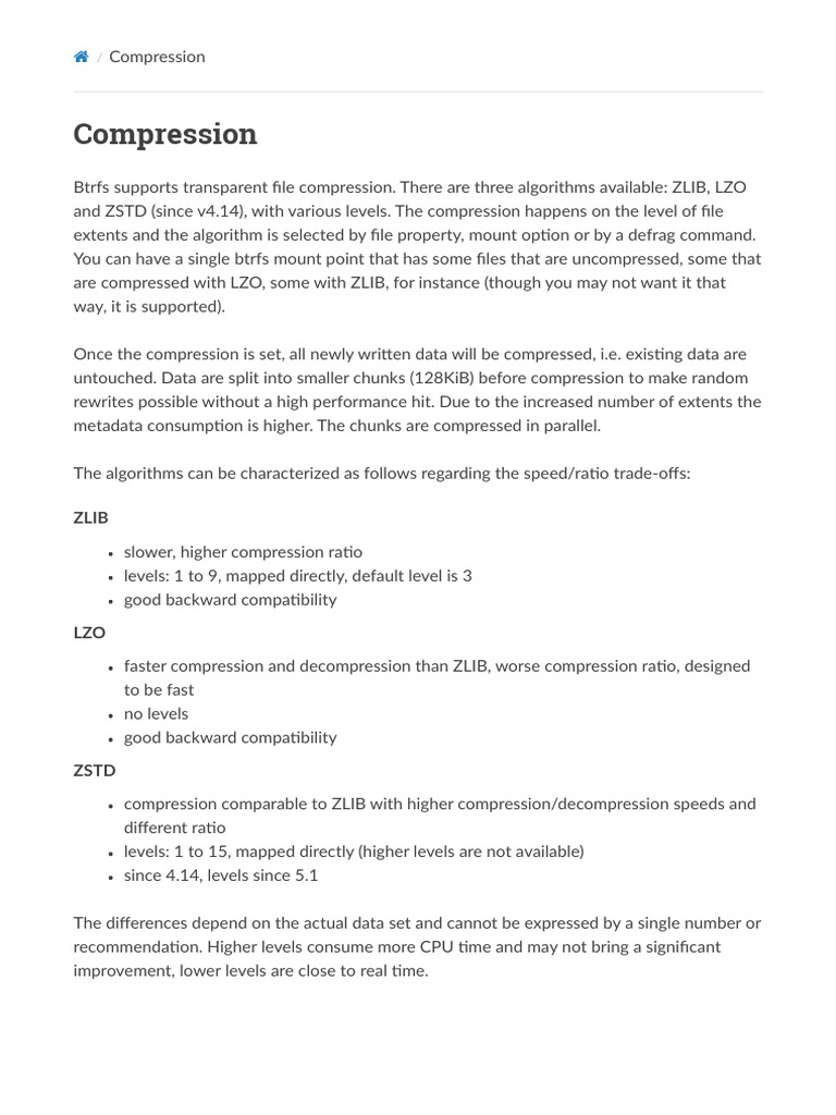 Compression — BTRFS documentation | PDF | Data Compression | File System