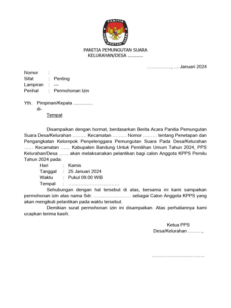 Contoh Surat Ijin Pelantikan KPPS | PDF