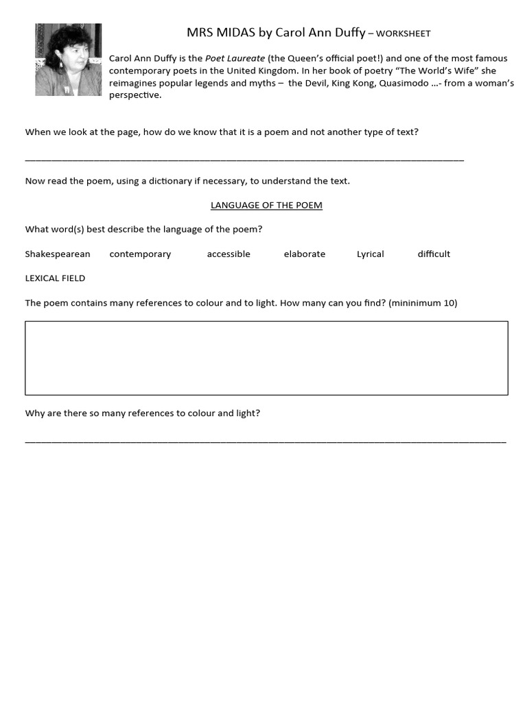 MRS MIDAS by Carol Ann Duffy - WORKSHEET | PDF