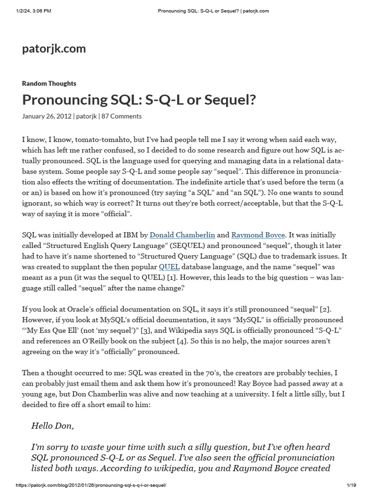 Pronouncing SQL - S-Q-L or Sequel | PDF | Sql | Databases