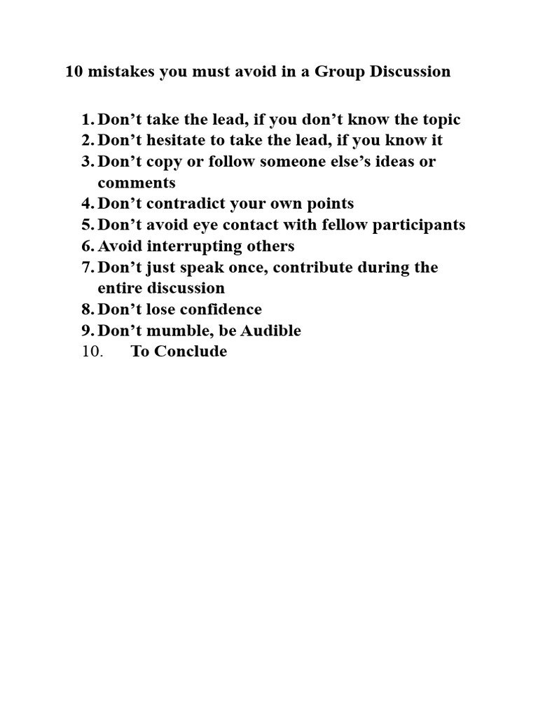 10 Mistakes You Must Avoid in A Group Discussion | PDF 10 Mistakes You Must Avoid in A Group Discussion | PDF