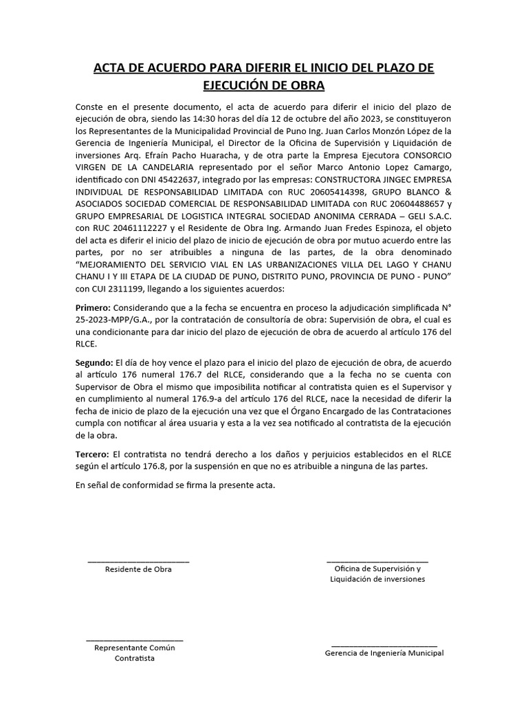 Acta de Acuerdo para Diferir El Inicio Del Plazo de Ejecución de Obra Chanu Chanu | PDF ...