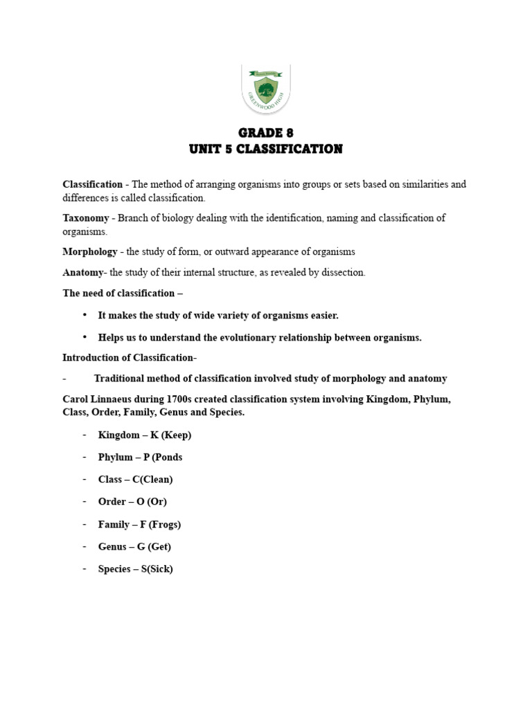 Unit 5 Classification-Class Notes | PDF | Taxonomy (Biology) | Cell ...