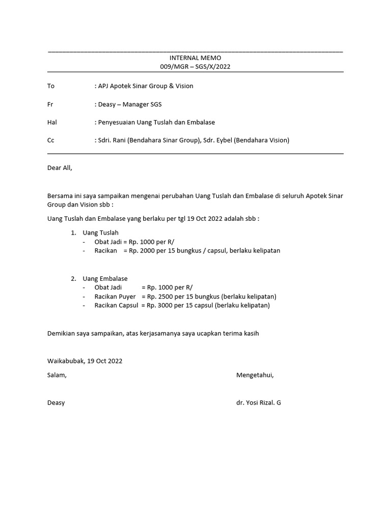 INTERNAL MEMO - Penyesuaian Uang Tuslah Dan Embalase | PDF