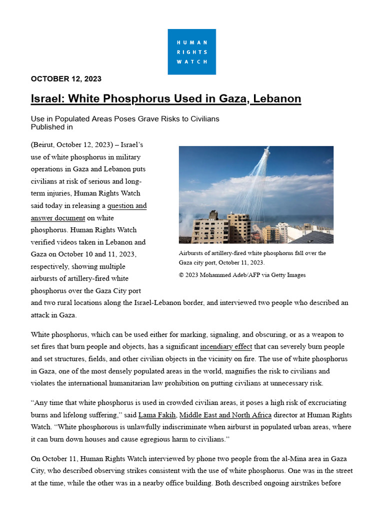 2023 - Oct-12-HRW - Israel White Phosphorus Used in Gaza, Lebanon | PDF ...