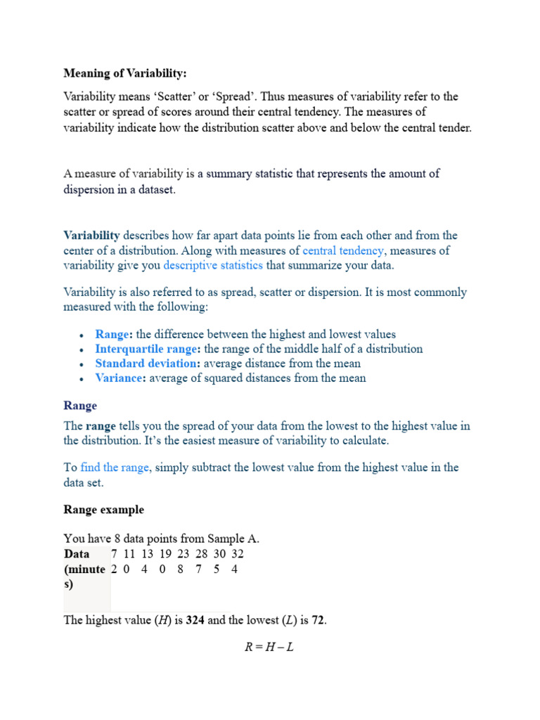 Measures Of Variability Pdf Variance Standard Deviation