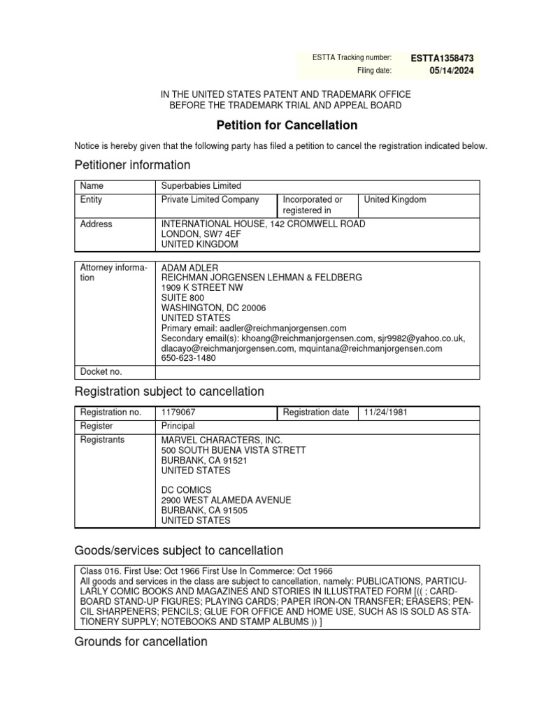 Petition For Cancellation - Superbabies Ltd. v. Marvel & DC (TTAB 2024 ...