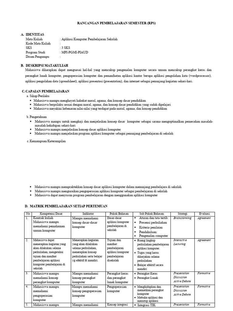 RPS Aplikasi Komputer Pembelajaran | PDF
