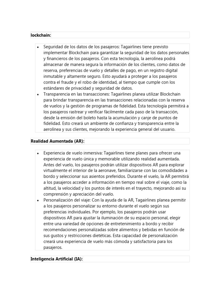 Innovaciones de Tagairlines: Blockchain, AR e IA | PDF | Inteligencia ...
