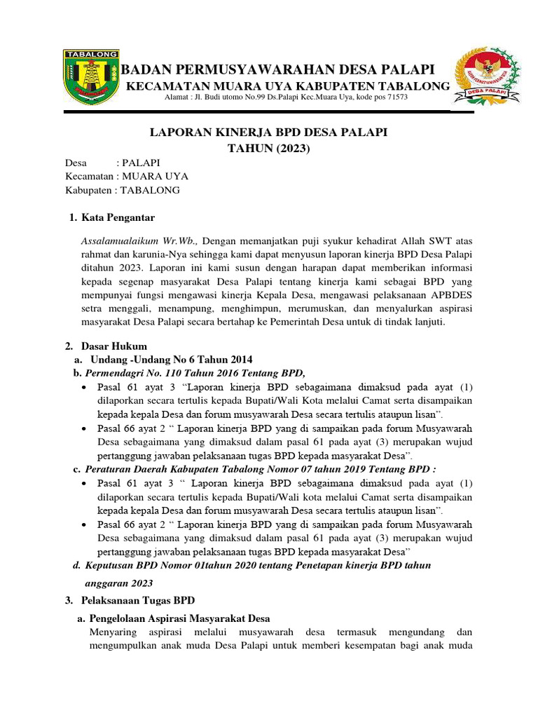 Laporan Kinerja BPD Desa Palapi 2023 | PDF