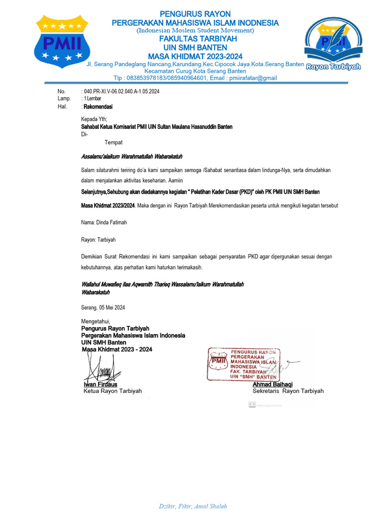 Rekomendasi PKD PMII UIN SMH Banten | PDF