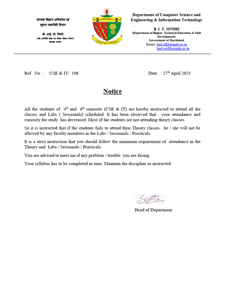 Notice - 27042024 Regding Attendance | PDF | Academic Discipline Interactions | Science