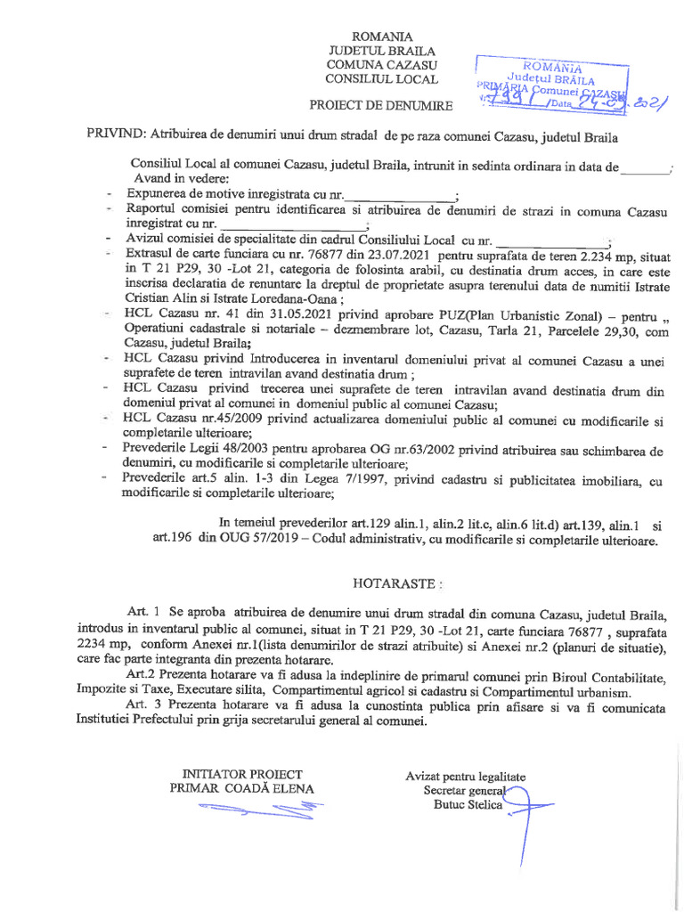 PH Atribuirea de DenumirI Unei Strazi Din Com. Cazasu | PDF