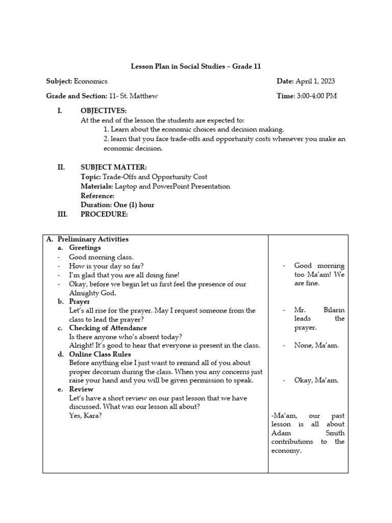 Lesson Plan in Social Studies 1 | PDF | Opportunity Cost | Economics