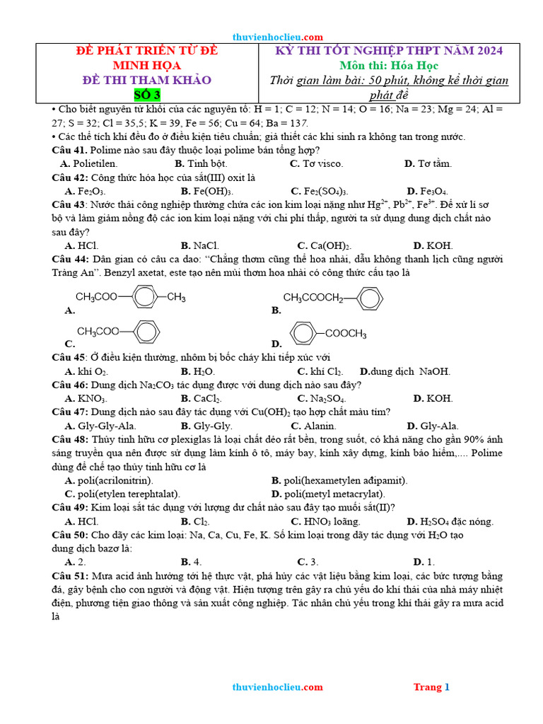 De Thi Thu TN THPT 2024 Hoa Phat Trien Tu de Minh Hoa de 3 | PDF