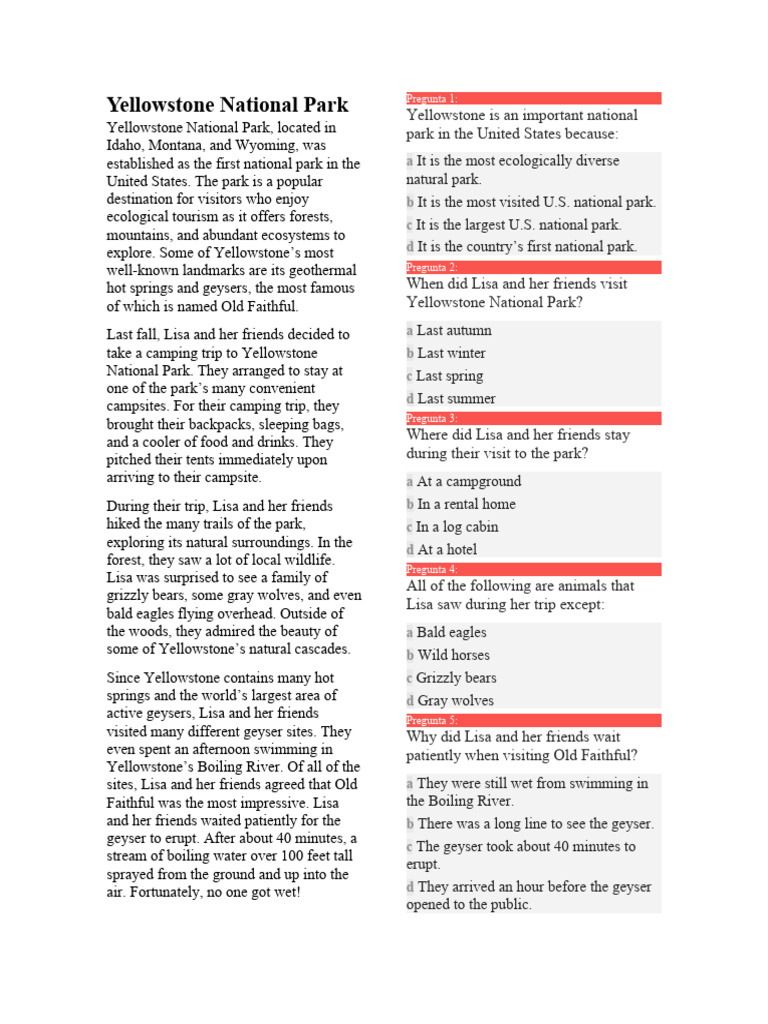 Lectura Yellowstone National Park | PDF | Yellowstone National Park